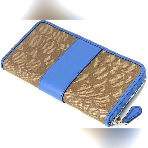 Coach | Bags | Coach Designer Signature Tan Blue Monogram Stripe ...